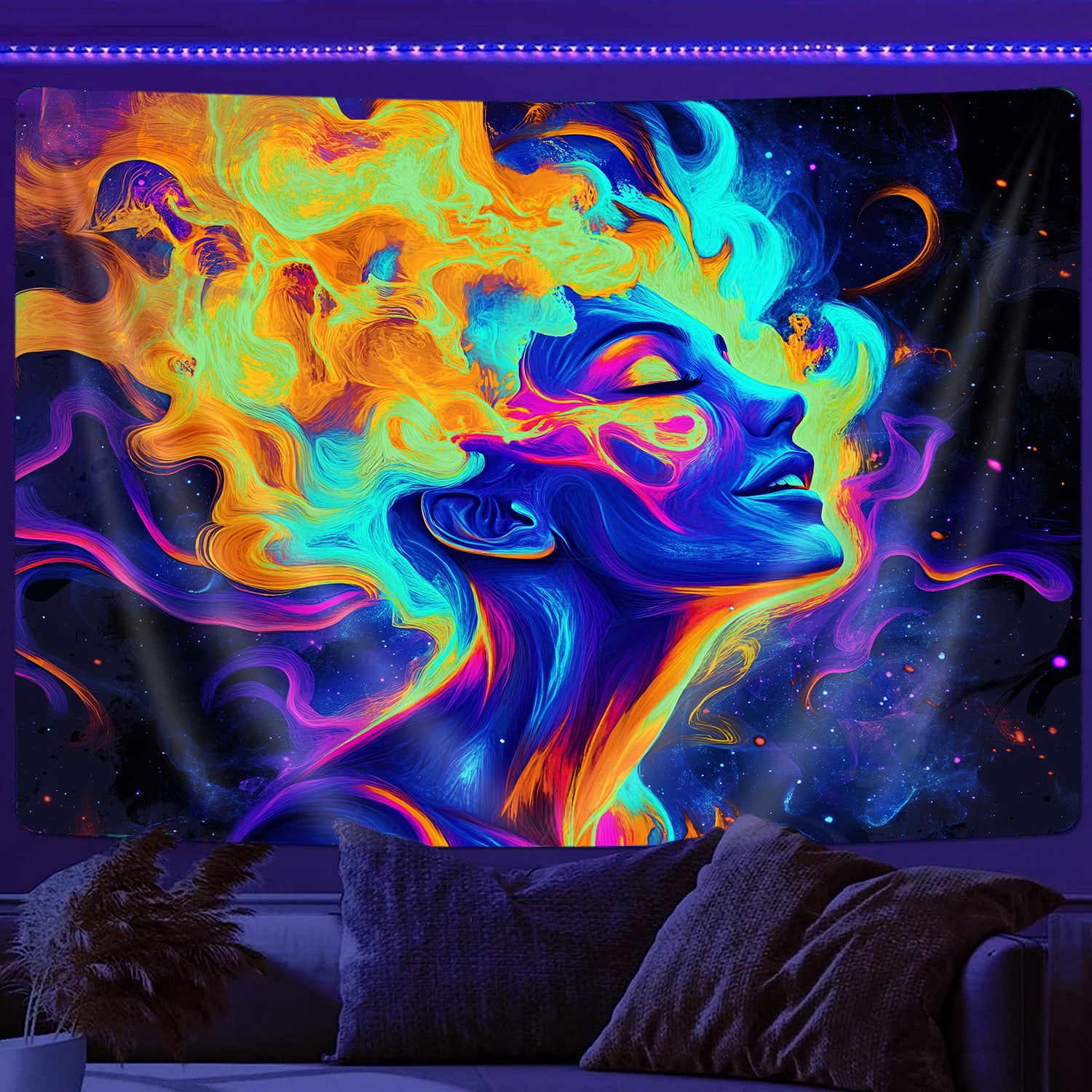 Blacklight Fire Girl Tapestry, UV Reactive Neon Cool Girl Wall Hanging ...