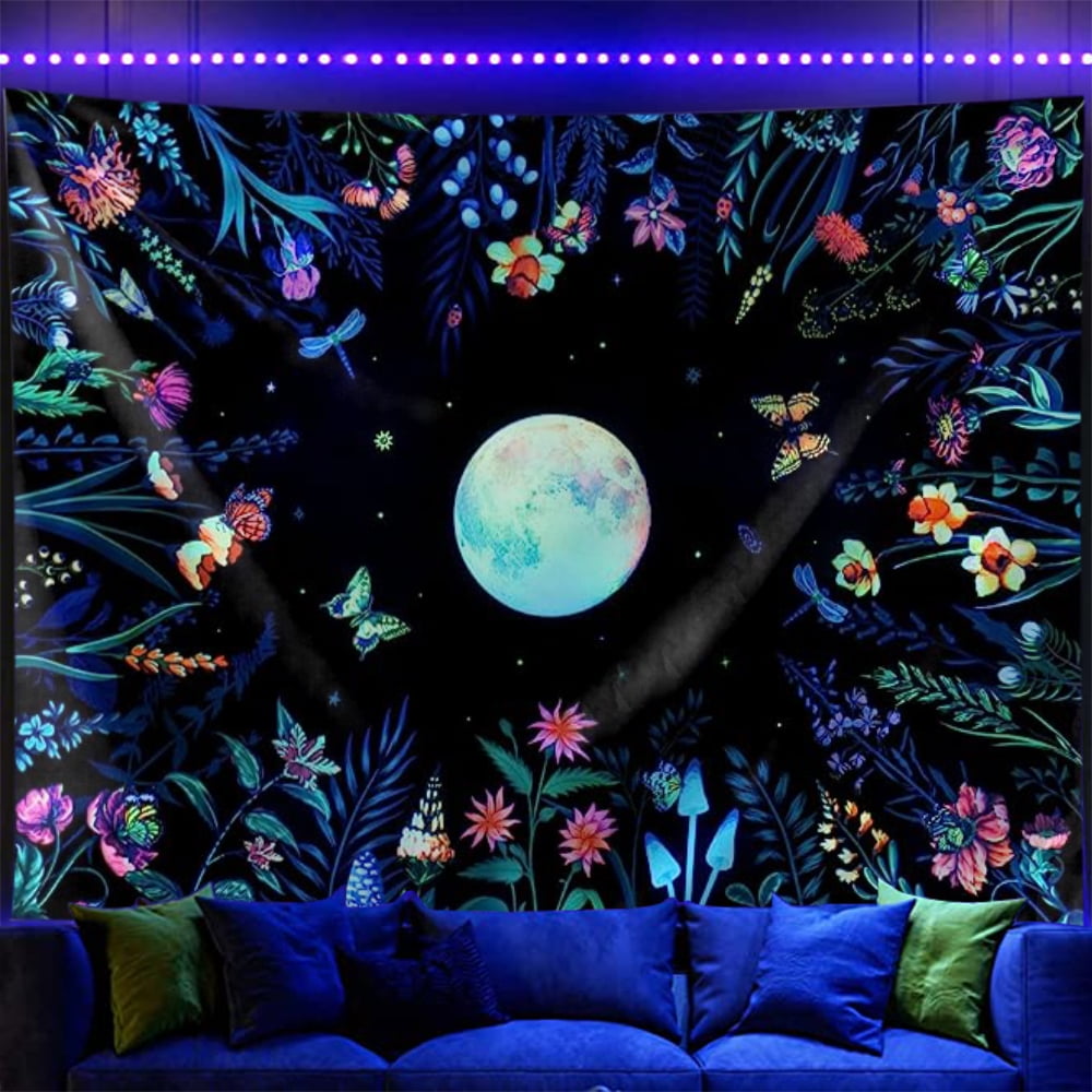 Blacklight Moonlight Garden Wall Hanging UV Reactive Moon Floral Plants ...