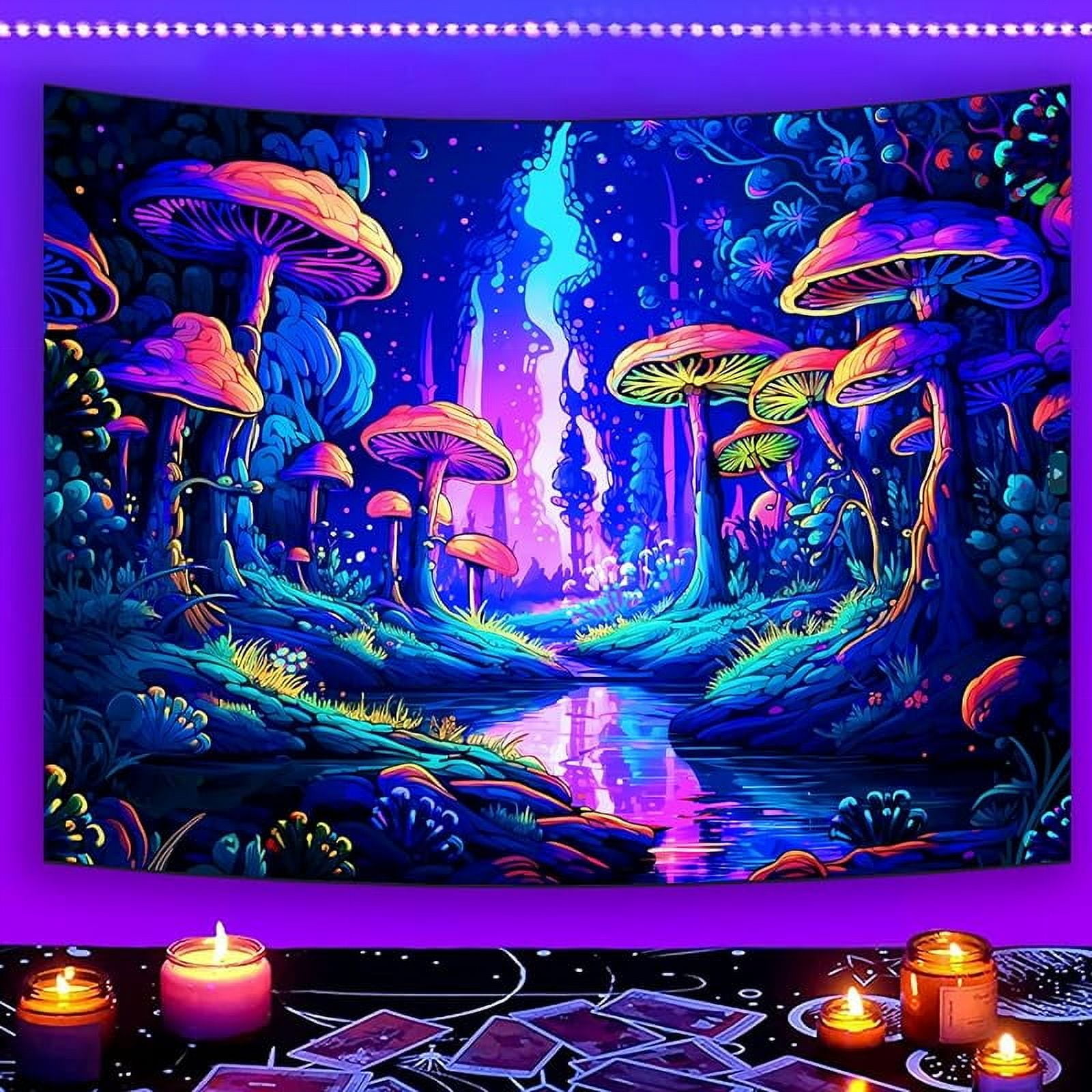 Blacklight Mushroom Forest Tapestry, UV Reactive Fantasy Tree Plants ...