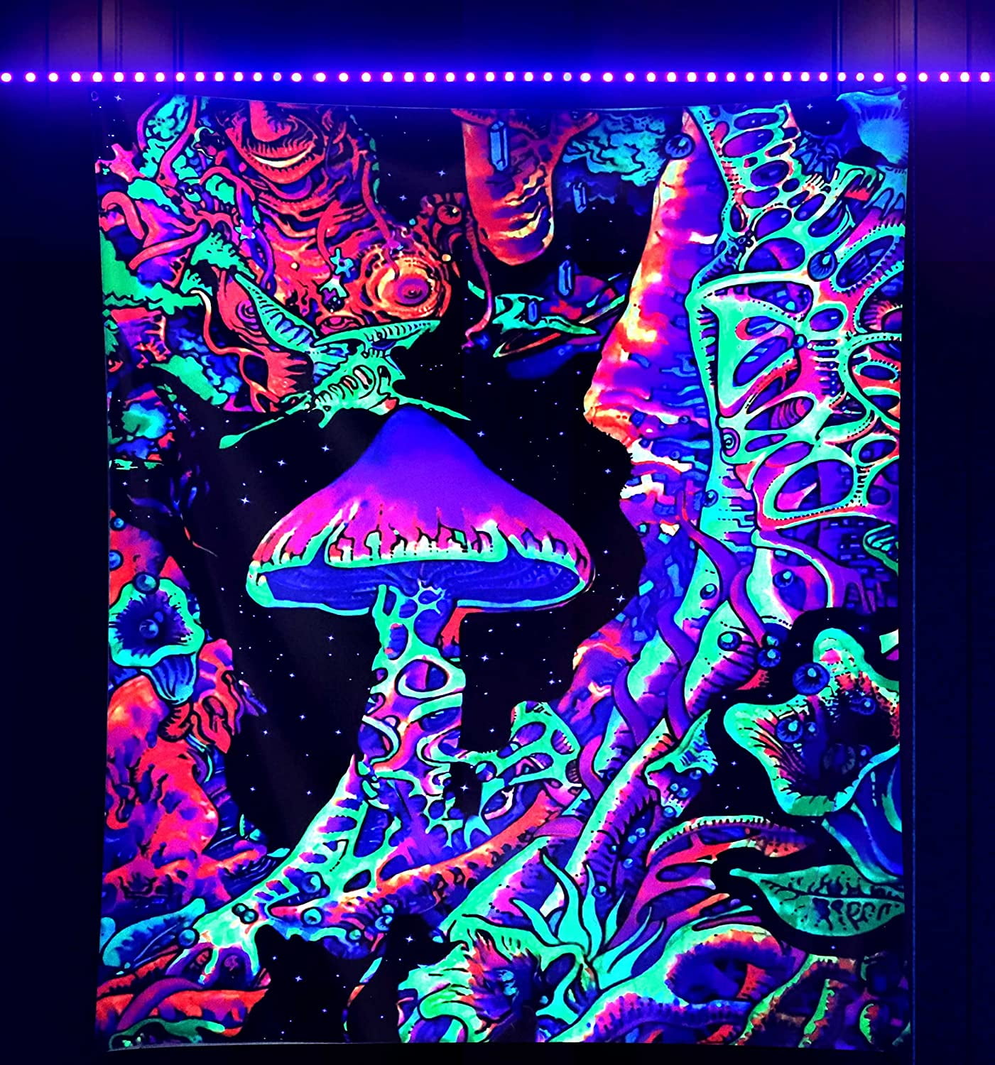 Blacklight Mushroom Tapestry, Trippy Upright Tapestry Glow In The Dark, UV Reactive Black Light ...