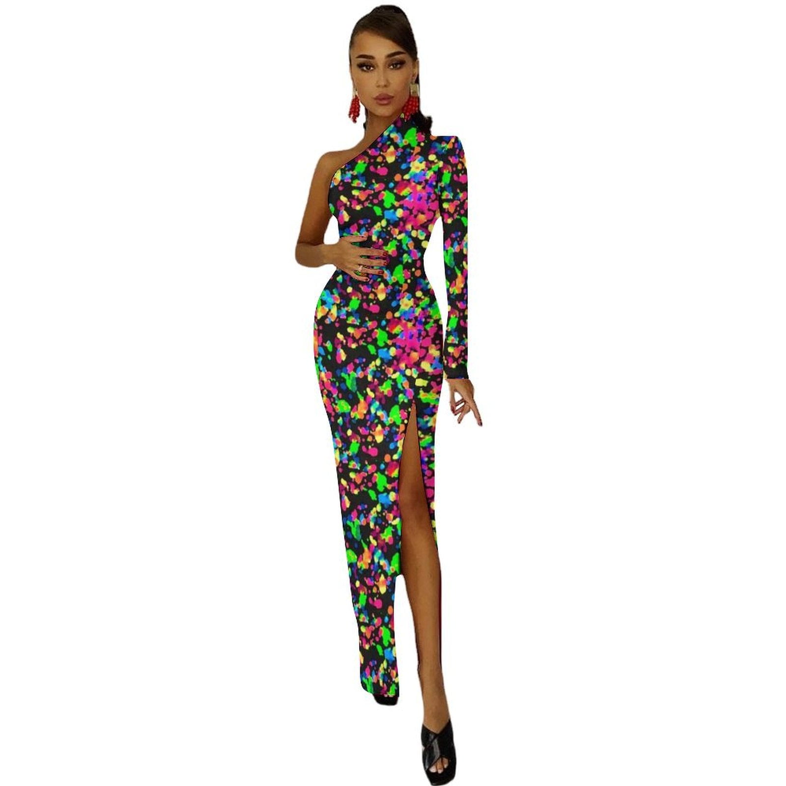 Blacklight Neon Paint Splatter Half Dleeve Split Dress evening dresses ...