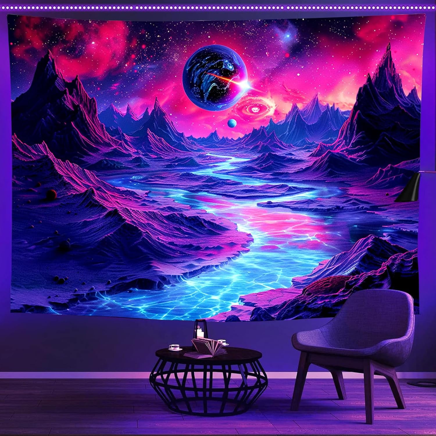 Blacklight Planet and Mountain River Tapestry Galaxy Space Tapestries ...