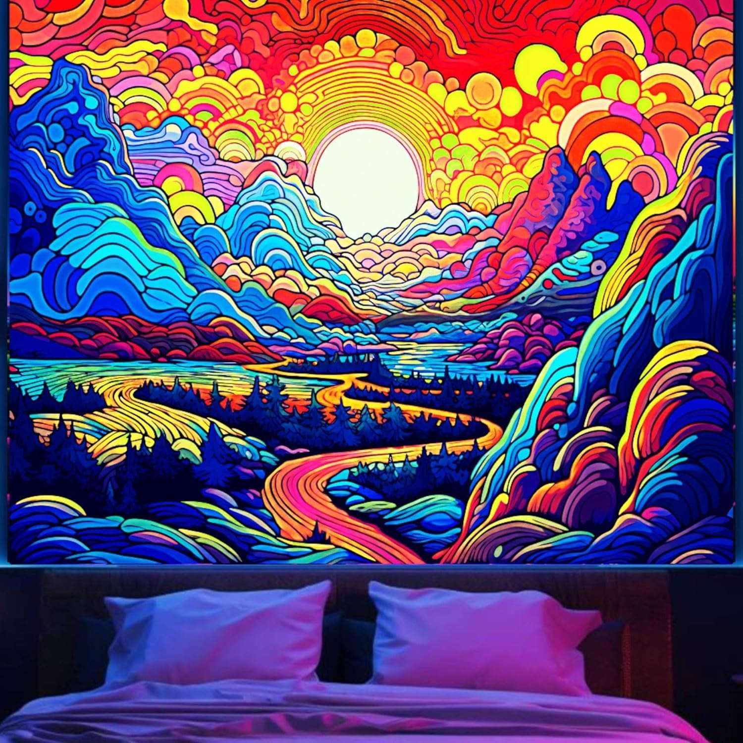 Blacklight Posters Sun Mountain Tapestry for Aesthetic, Black Light UV ...