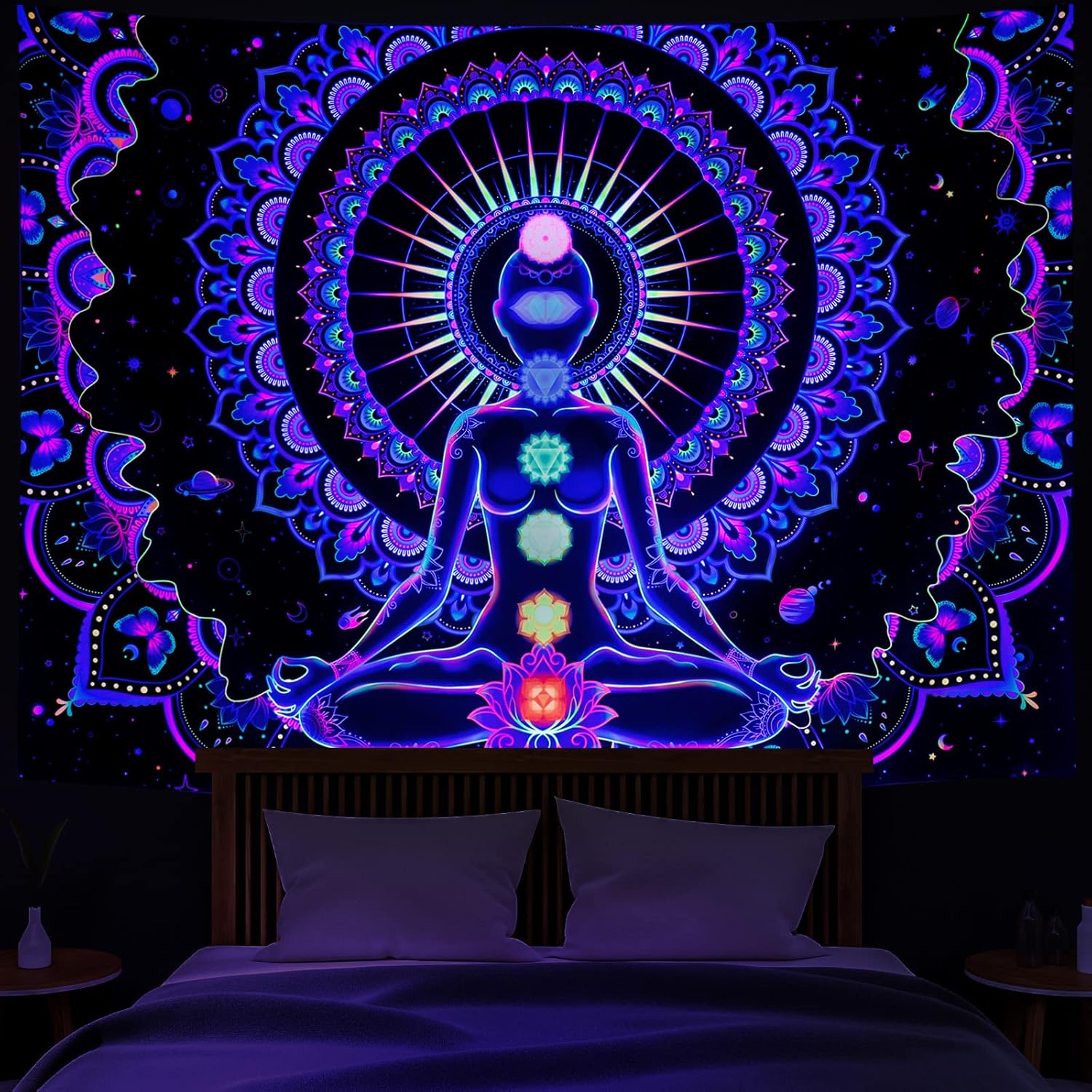 Blacklight Seven Chakra Tapestry UV Reactive Yoga Meditation Mandala ...