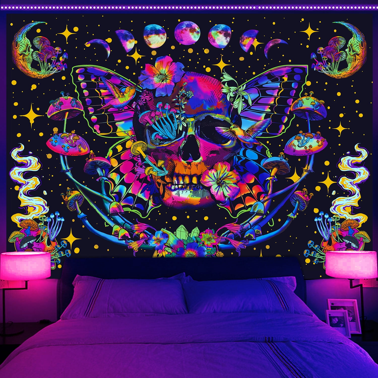 Blacklight Skull Tapestry for Bedroom, UV Reactive Mushroom Butterfly ...