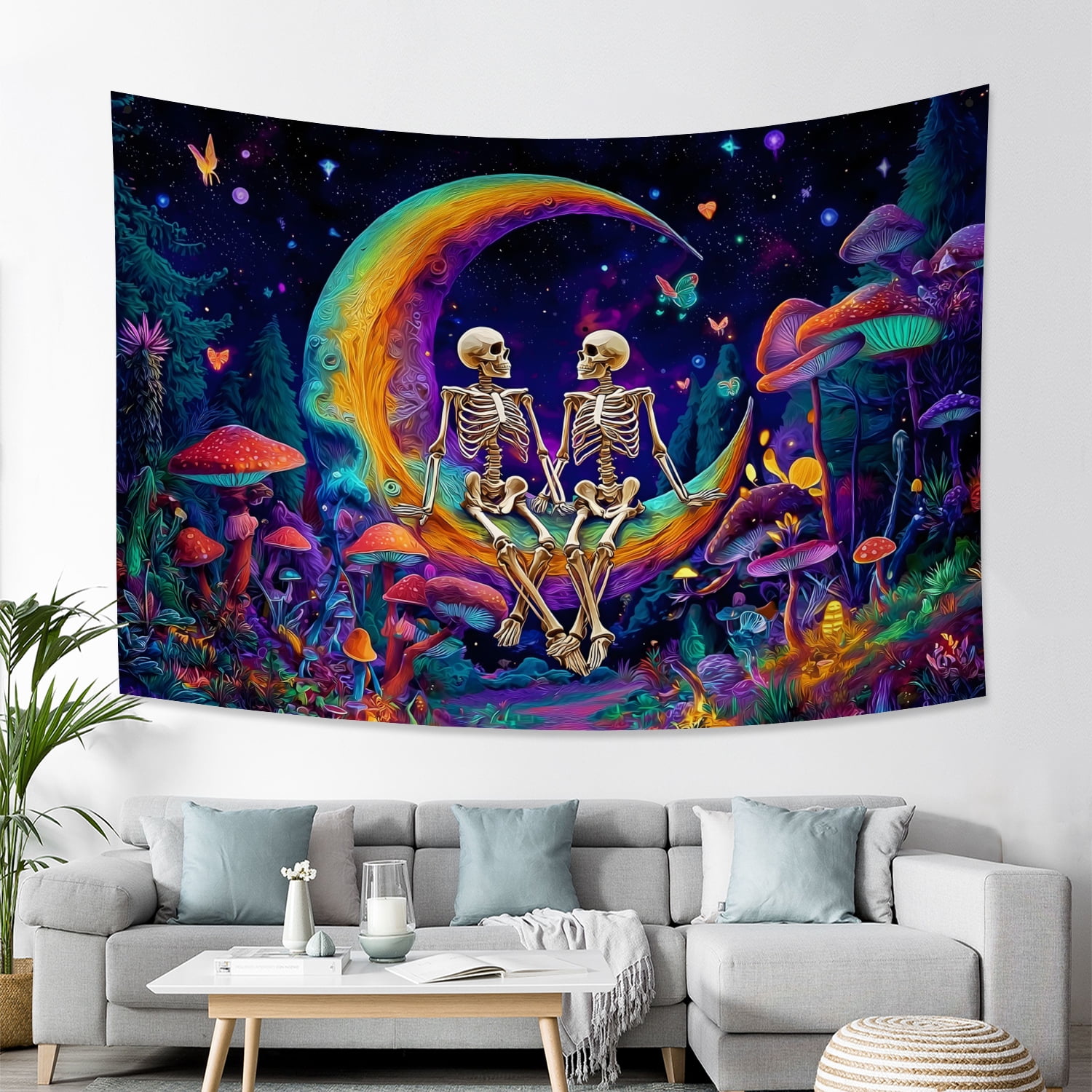 Blacklight Skull Tapestry Trippy Mushroom Tapestries Starry Sky Wall ...