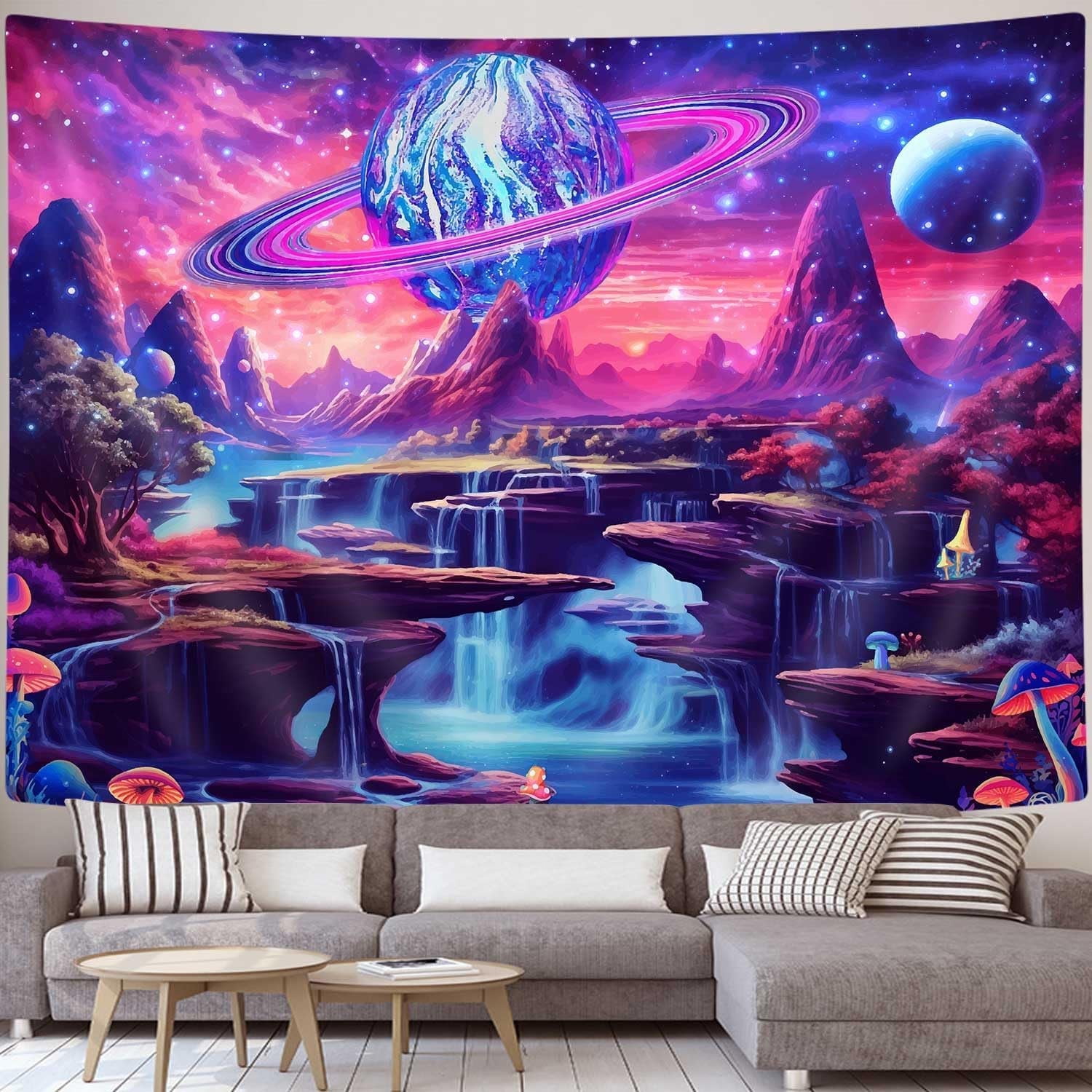 Blacklight Space Tapestry Trippy Planet Galaxy Mountain Mysterious ...