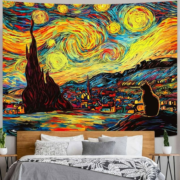 Blacklight Starry Night Cat Tapestry, UV Reactive Vibrant Art Wall ...