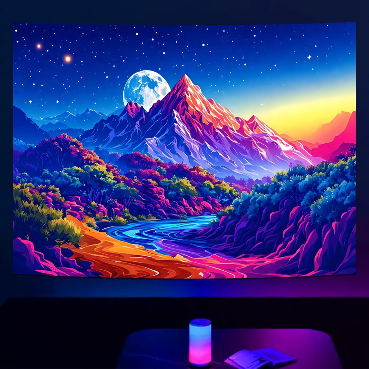 Blacklight Sunset Forest Lake UV Reactive Tapestry Wall Hanging – Glow ...
