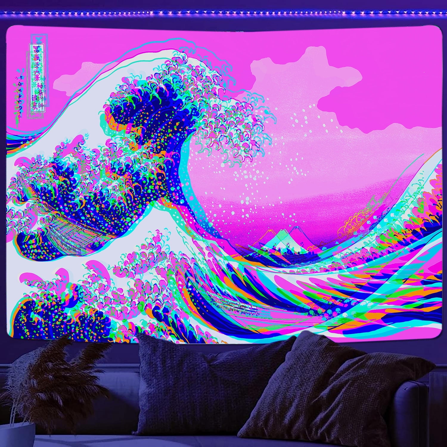 Blacklight Tapestry Poster for Bedroom, Black Light Ocean Great Wave ...