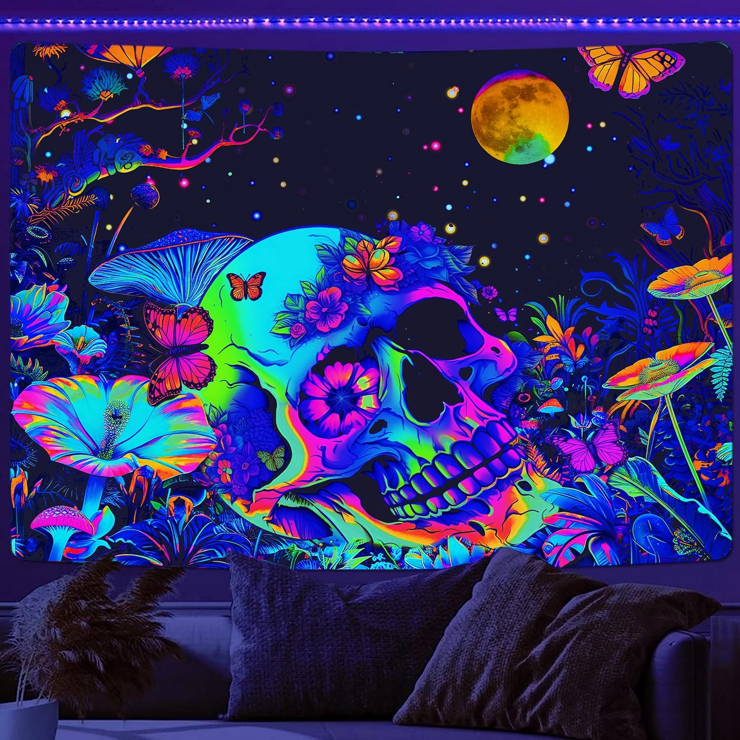 Blacklight Tapestry, Skull Skeleton Tapestry for Bedroom, Floral UV ...