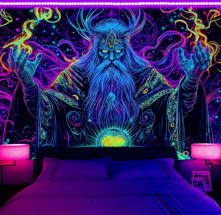 Blacklight Tapestry, Trippy Wizard Tapestry Glow in The Dark, UV ...