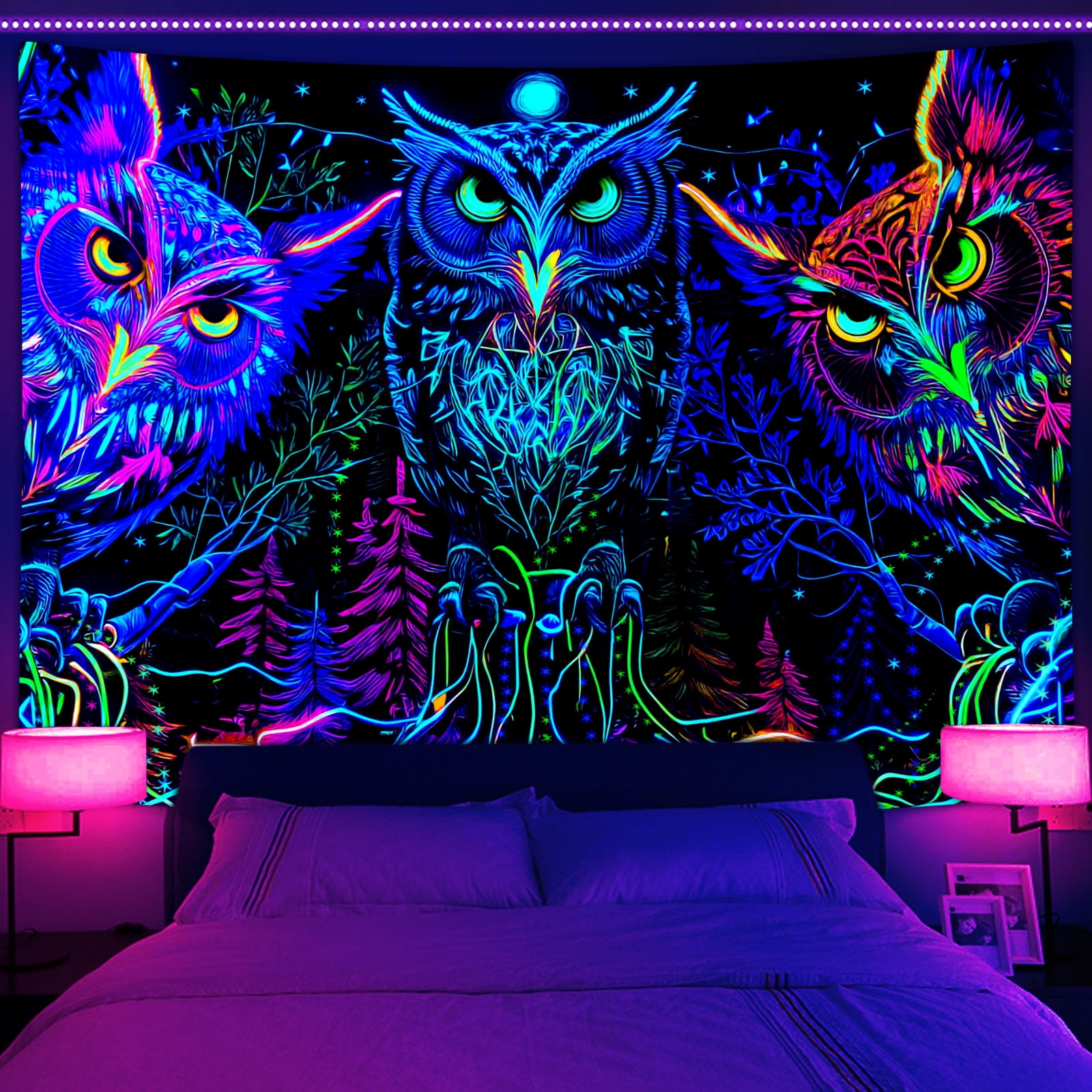 Blacklight Tapestry UV Reactive Black Light Trippy Owl Forest Poster ...