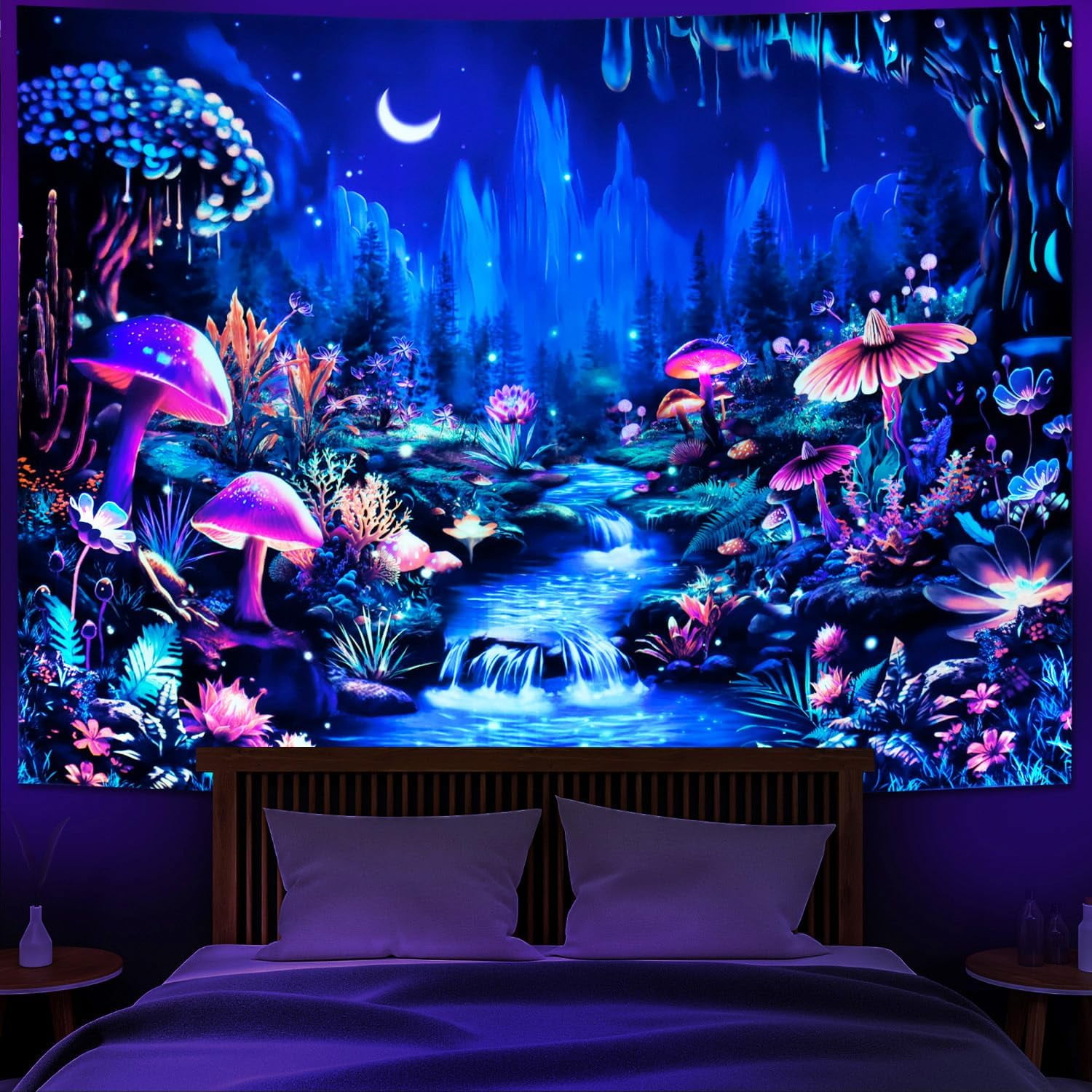 Blacklight Tapestry UV Reactive Mushroom Flower Tapestries Fantasy ...