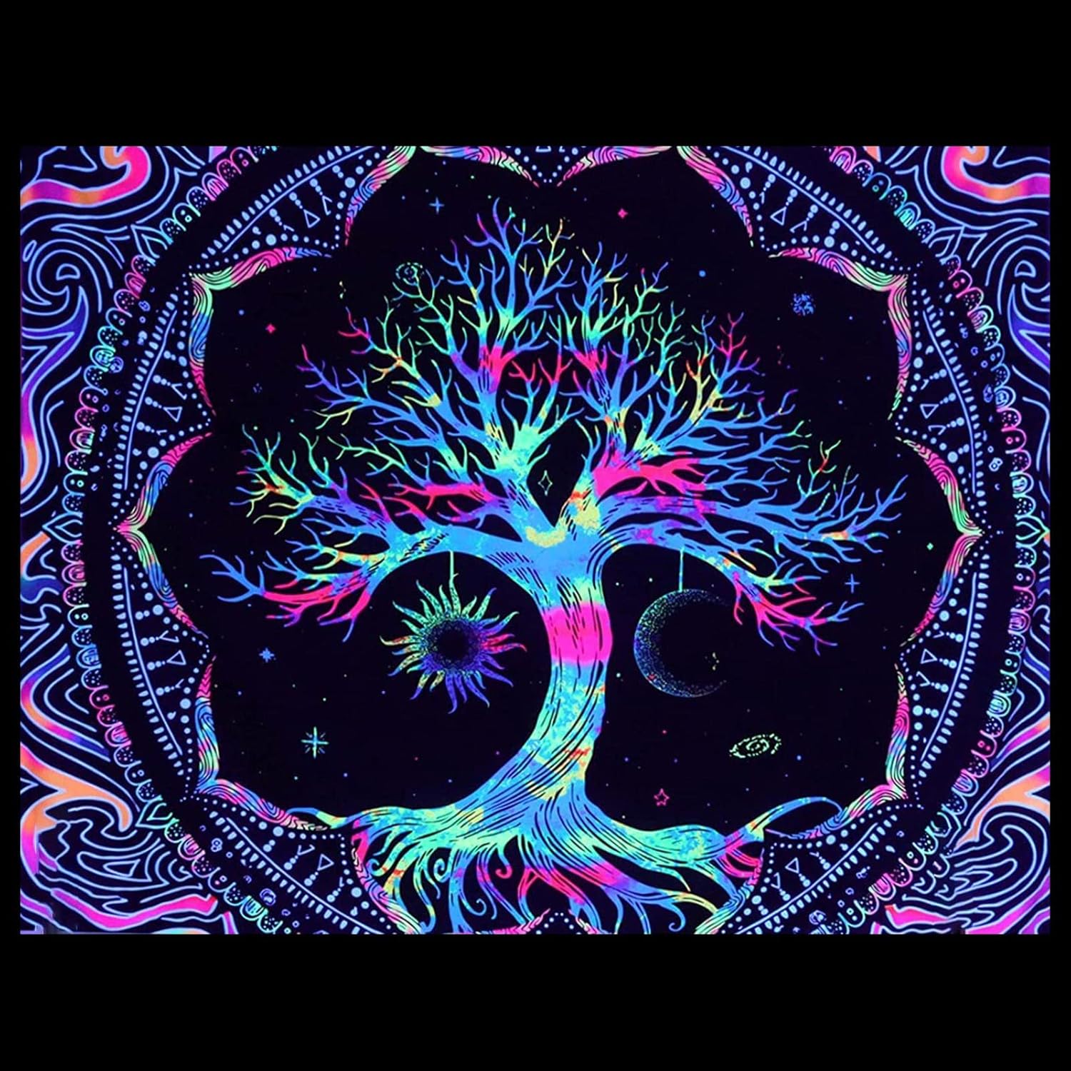 Blacklight Tree of Life Tapestry Black Light Poster Moon Sun UV ...