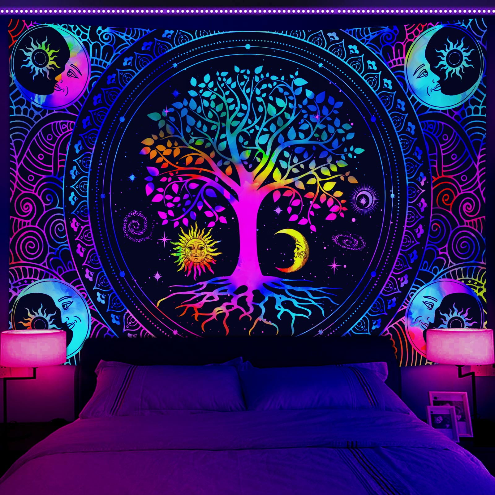 Blacklight Trippy Neon Tapestry,UV Aesthetic Tree of Life Wall Tapestry ...