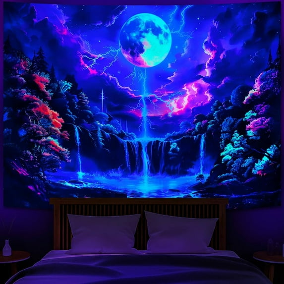 Blacklight UV Reactive Fantasy Moon & Lightning Forest Magic Waterfall ...