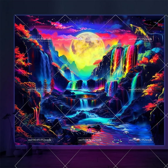 Blacklight Waterfall Moon Tapestry Black Light Neon UV Reactive ...