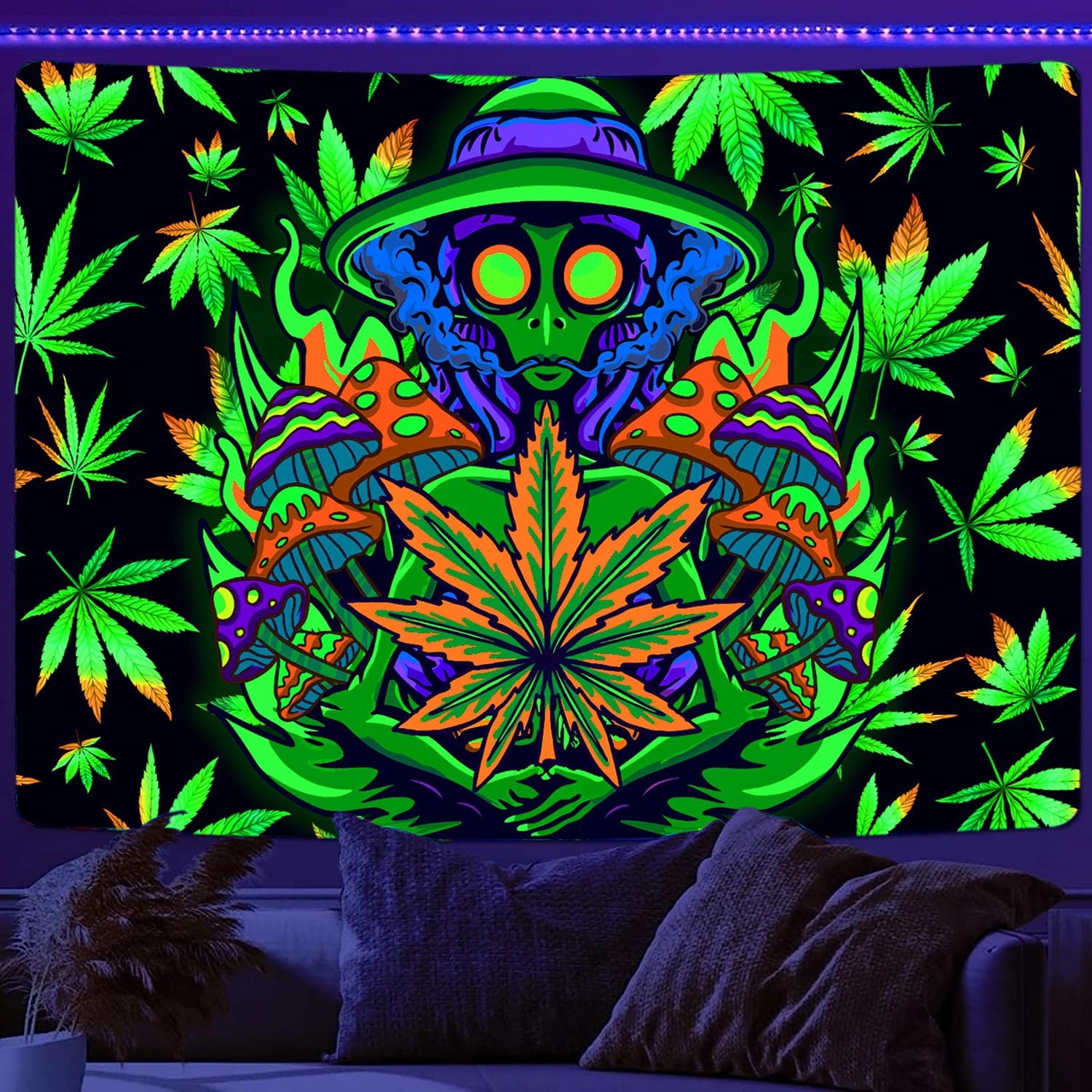 Blacklight Weed Tapestry for Bedroom, UV Reactive Black Light Cool ...