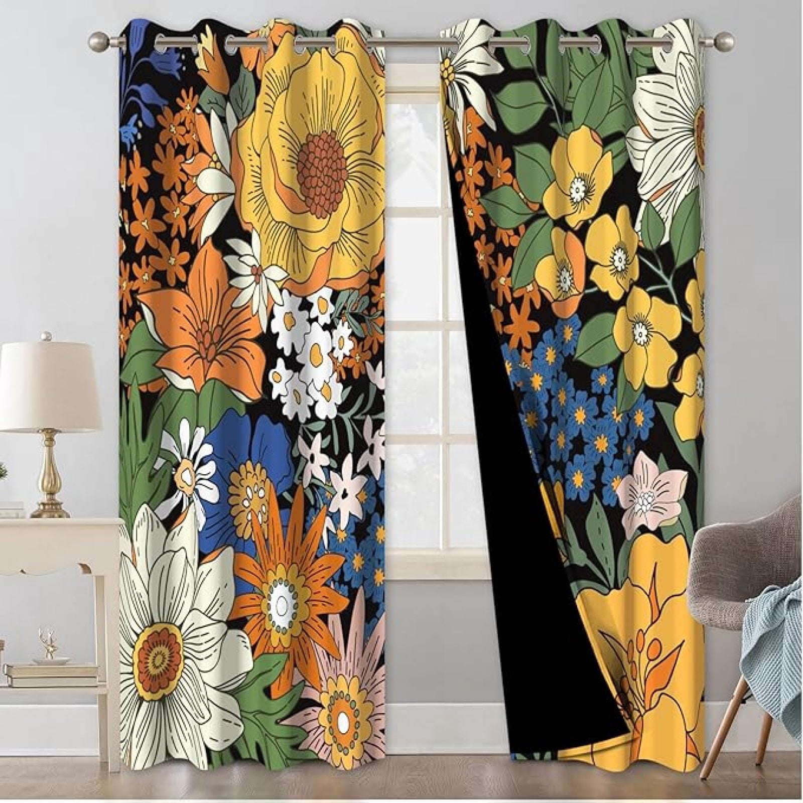 Blackout Black Boho Floral Curtains For Living Room, Western Farmhouse ...