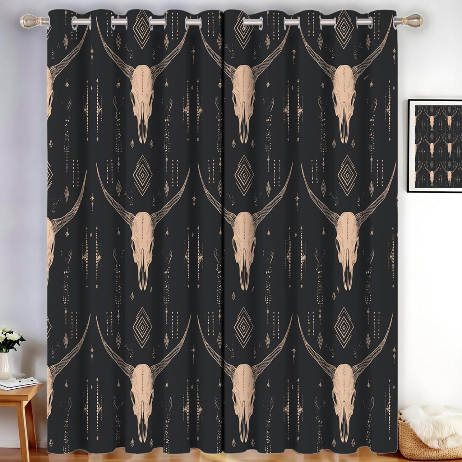 Blackout Curtains 2 Panels Longhorn Cattle Skull Thermal Insulated ...