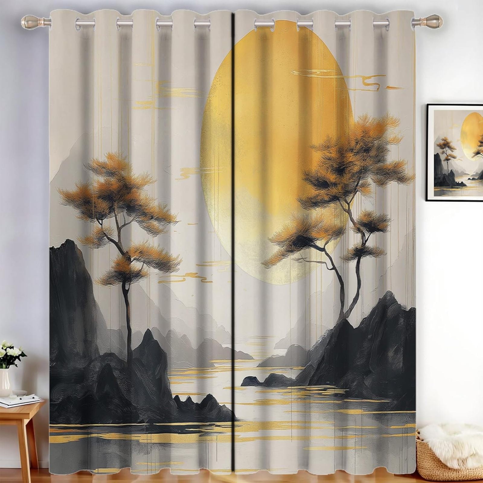 Blackout Curtains 2 Panels Set Abstract Painting Drapes Golden Pine ...
