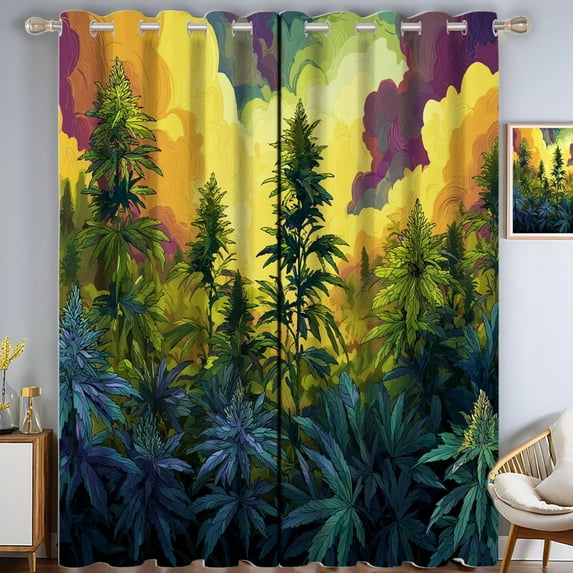 Blackout Curtains 2 Panels Set Cartoon Illustration Drapes Field Plants ...
