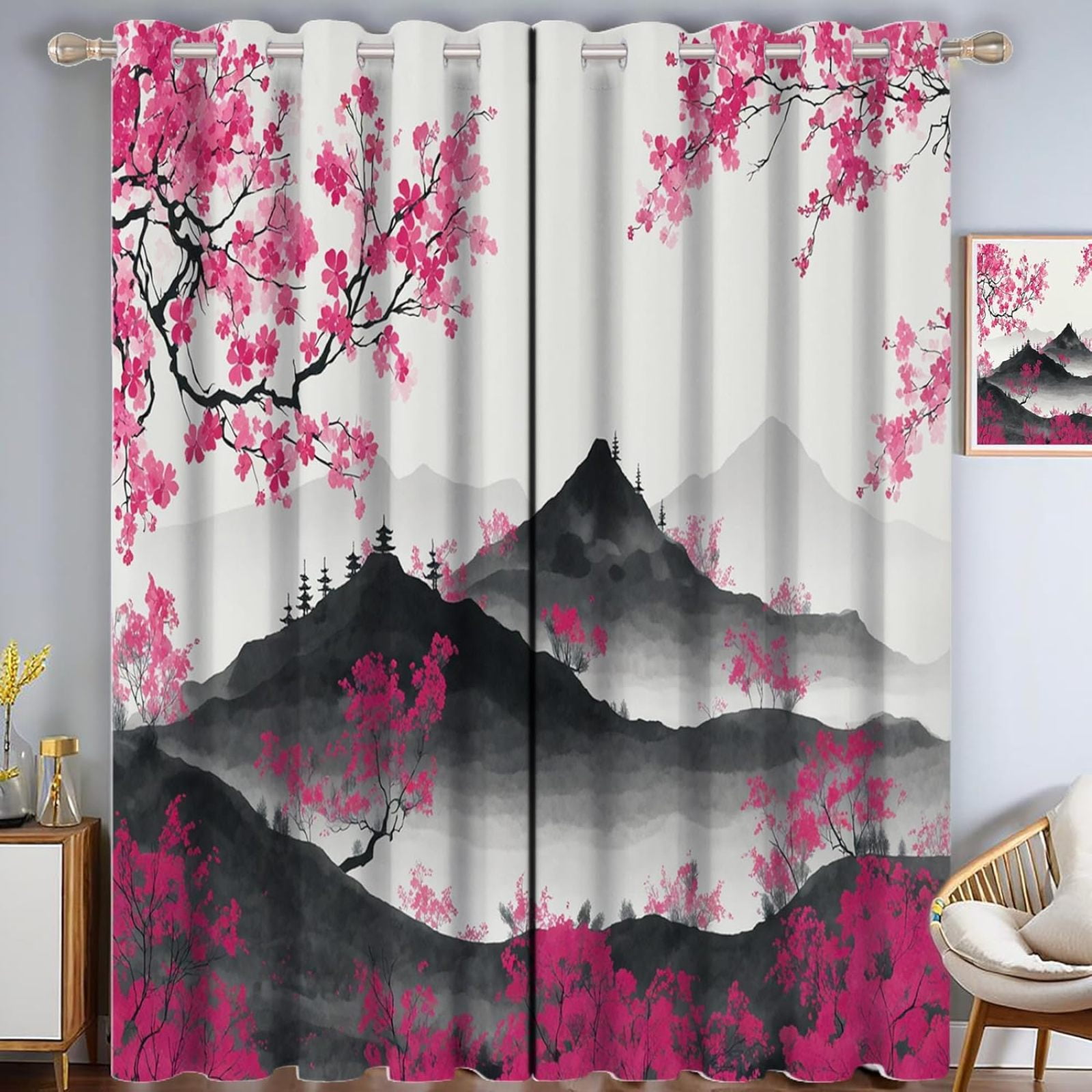 Blackout Curtains 2 Panels Set Ink Painting Style Curtain Drapes For ...