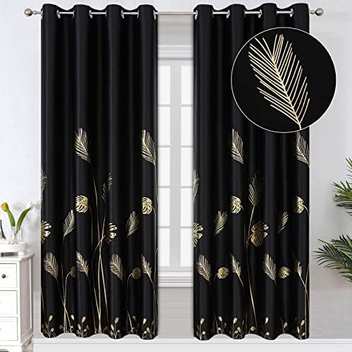Blackout Curtains 2 Panels Set with Unique Gold Wheat and Leaf Designed ...