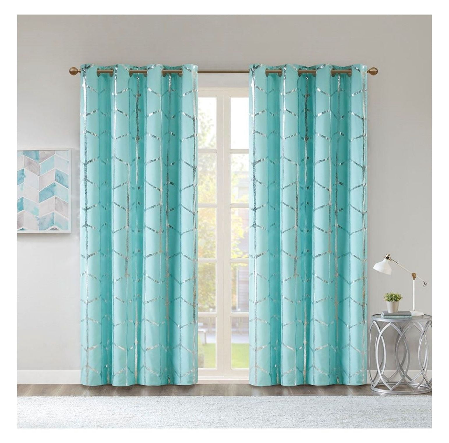 Blackout Curtains 50x84 Inch - Metallic Silver Print Grommet Top Window ...