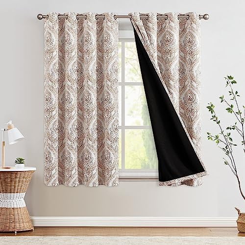 Blackout Curtains 63 Inch Length Brown Damask Medallion Window Curtains ...