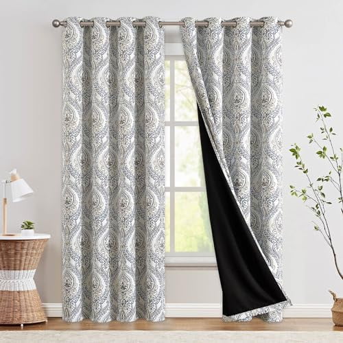 Blackout Curtains 90 Inch Length 2 Panels Blue Damask Medallion Window ...