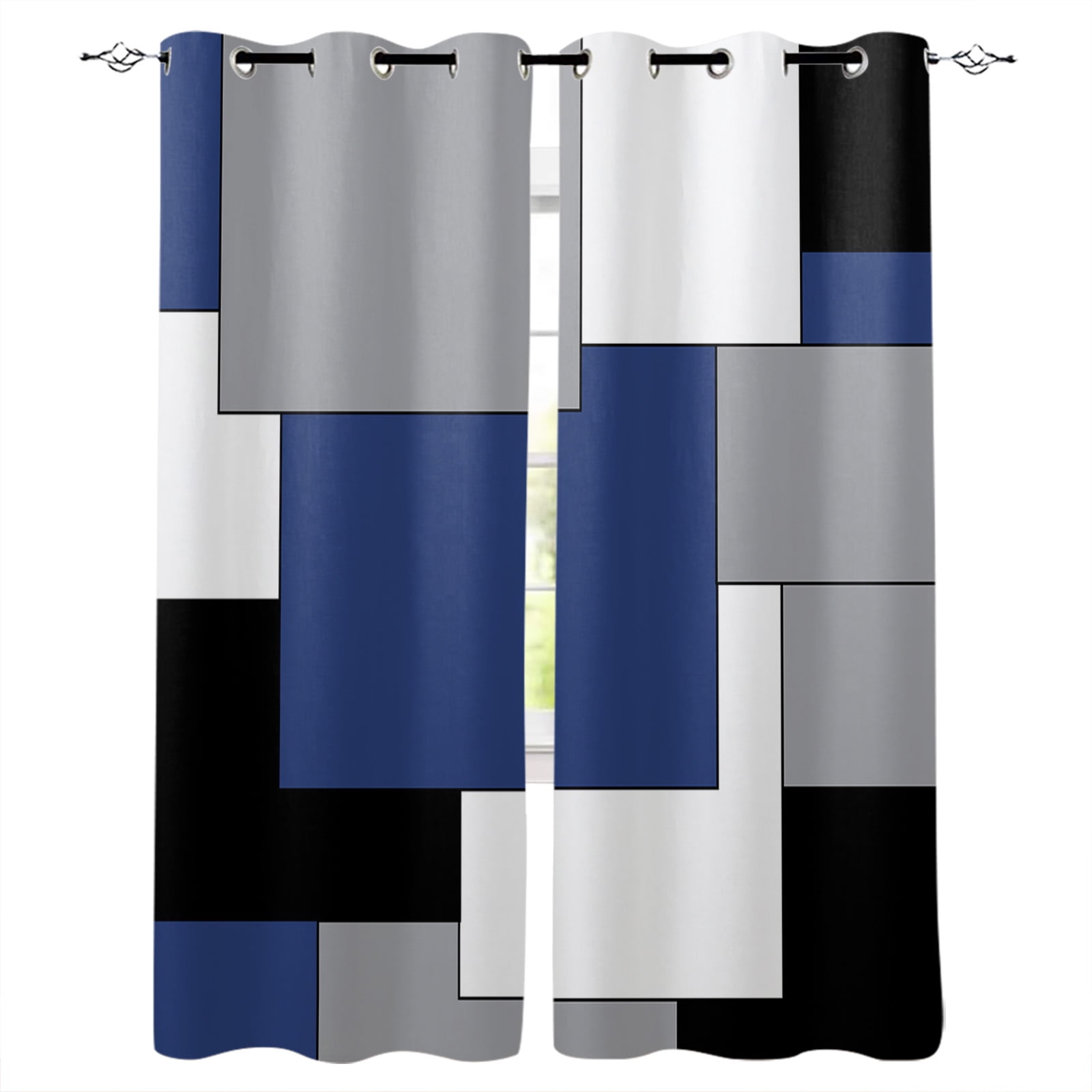 Blackout Curtains for Bedroom, Navy Blue Grey Black Geometric Room ...
