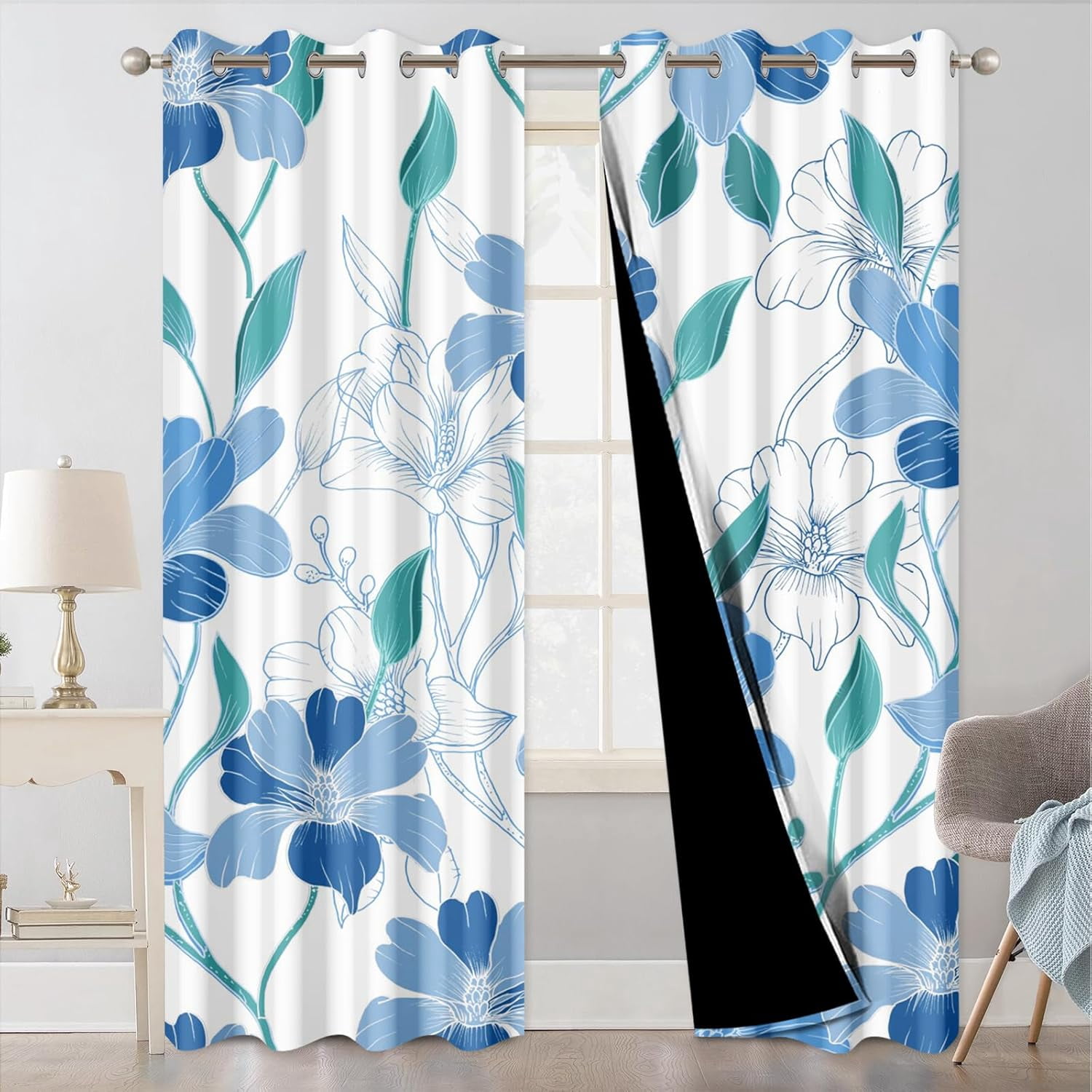 Blackout Curtains, Blue Floral Printed Grommet Thermal Privacy Black ...