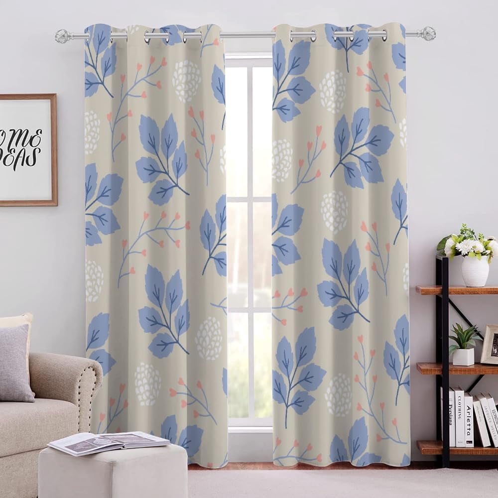 Blackout Curtains Blue Plant Leaves Natural Vintage Pattern, 3D Printed ...