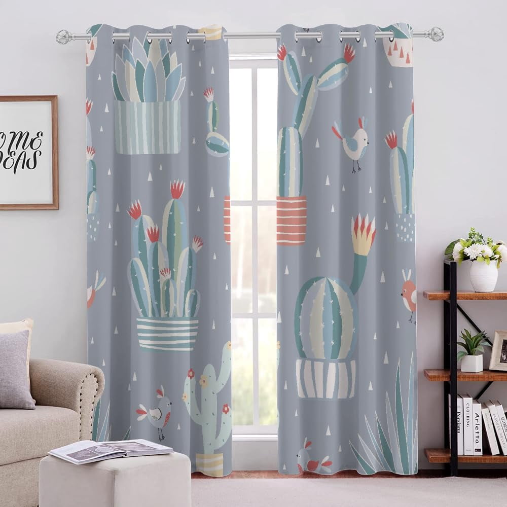 Blackout Curtains Bright Abstract Cactus Funny Cute Bird Pattern, 3D ...