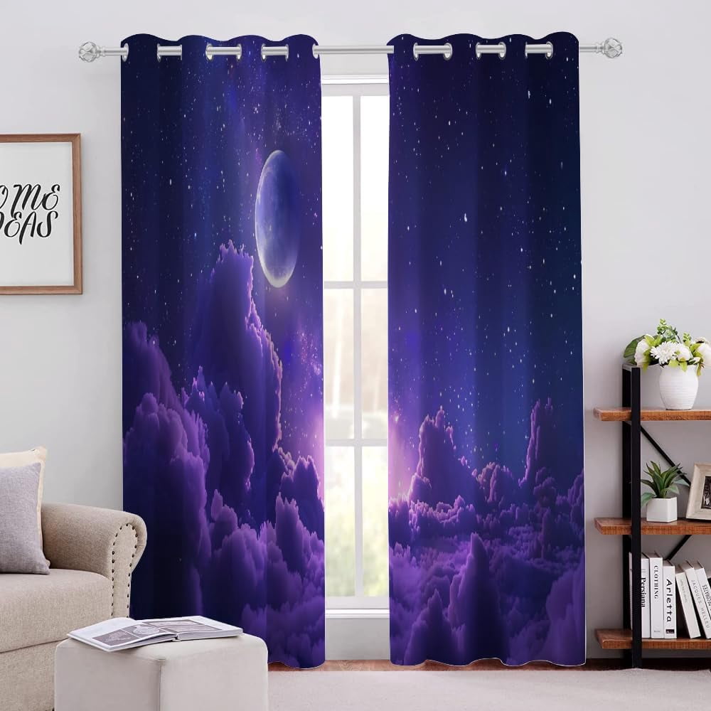 Blackout Curtains Bright Moon Stars Night Sky Clouds, 3D Printed ...