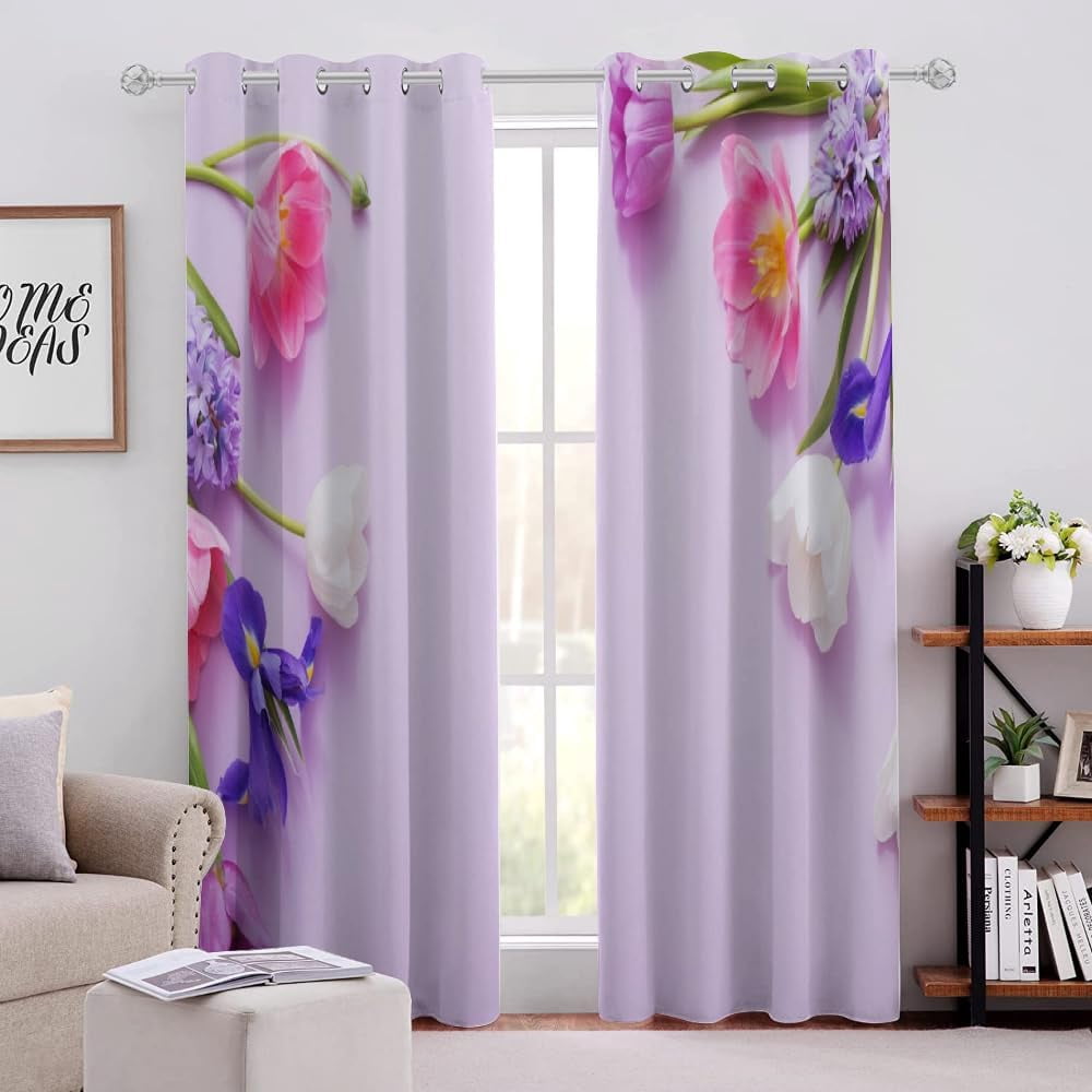 Blackout Curtains Colorful Bright Flowers Purple Background, 3D Printed ...