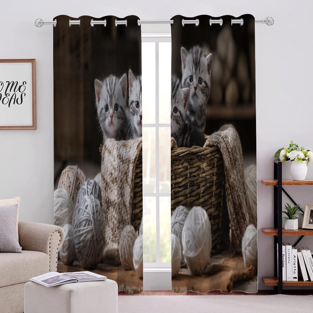 Blackout Curtains Cute Gray Cat Funny Pet Animals Pattern, 3D Printed ...