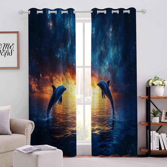 Blackout Curtains Cute Ocean Dolphins Brilliant Starry Sky, 3D Printed ...