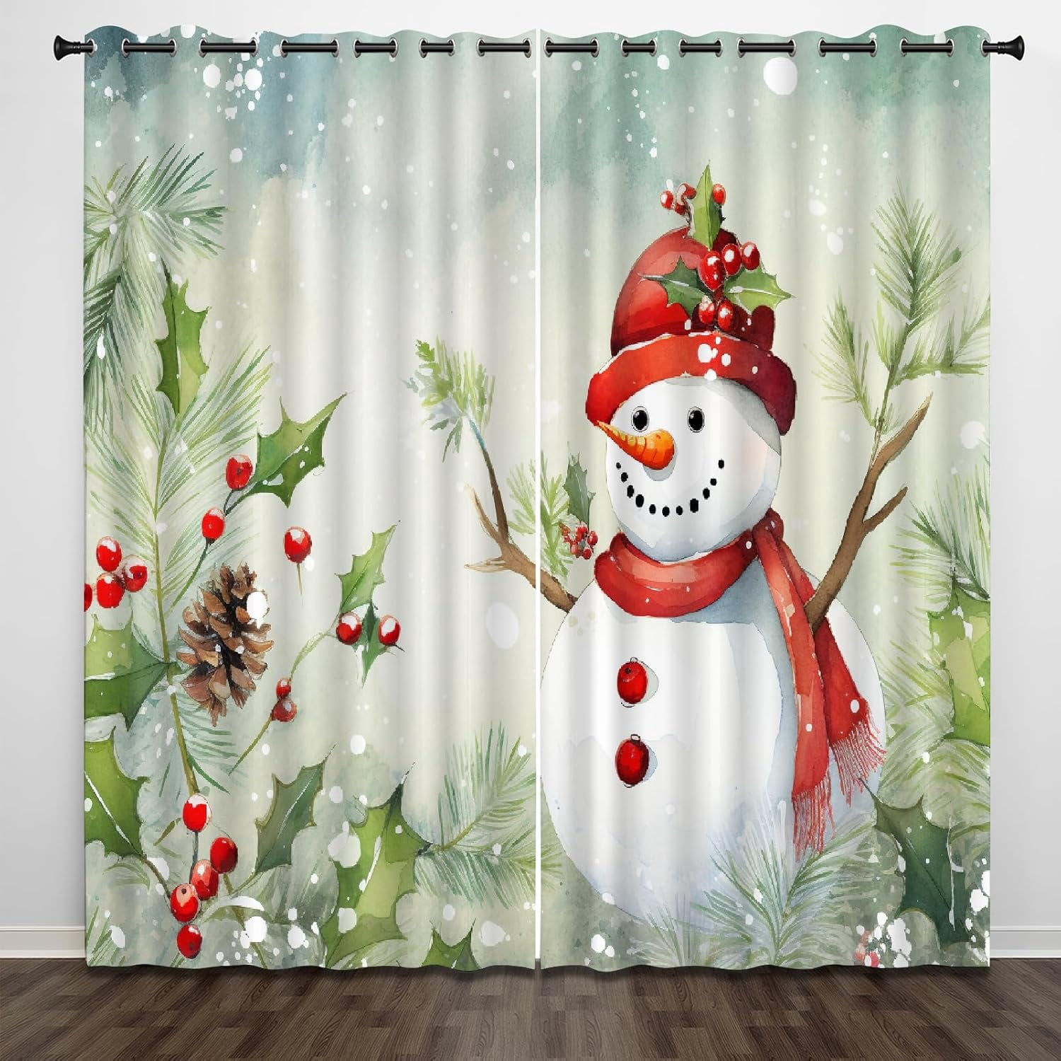 Blackout Curtains Cute White Snowman Green Leaves Flowers, 3D Printed ...