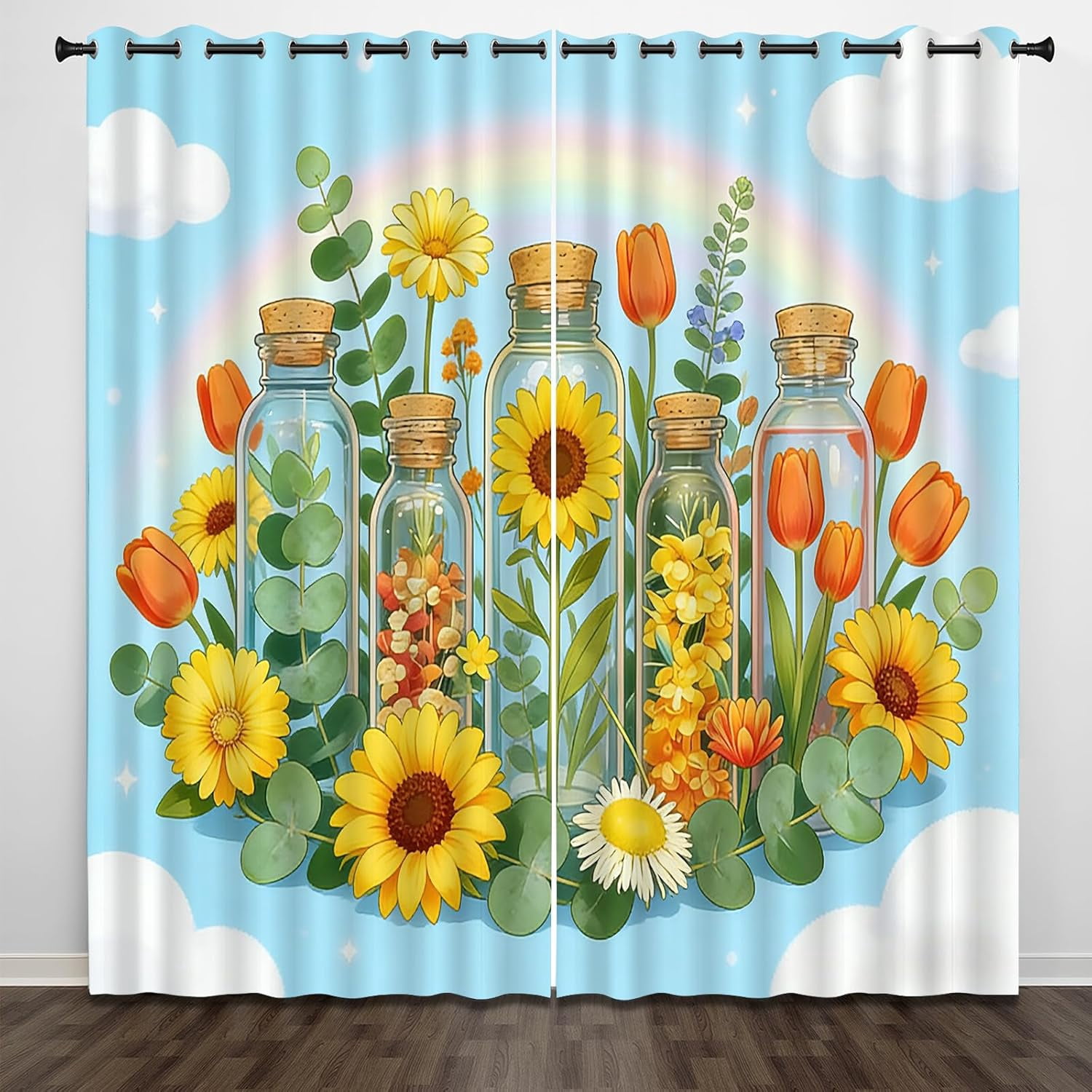 Blackout Curtains Daisy Tulip Flowers Green Leaves Plants, 3D Printed ...