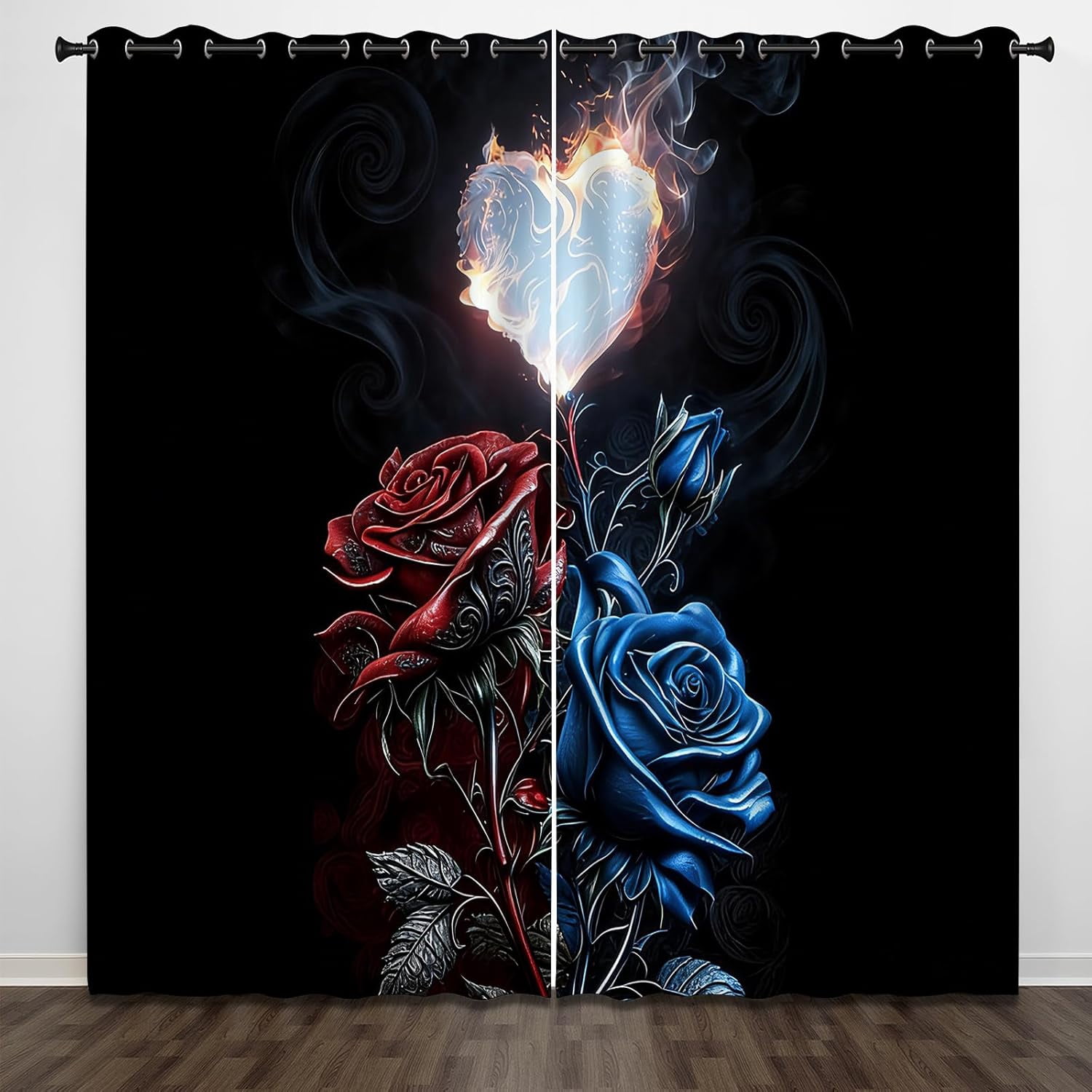 Blackout Curtains Elegant Rose Flowers Flame Heart Shape, 3D Printed ...