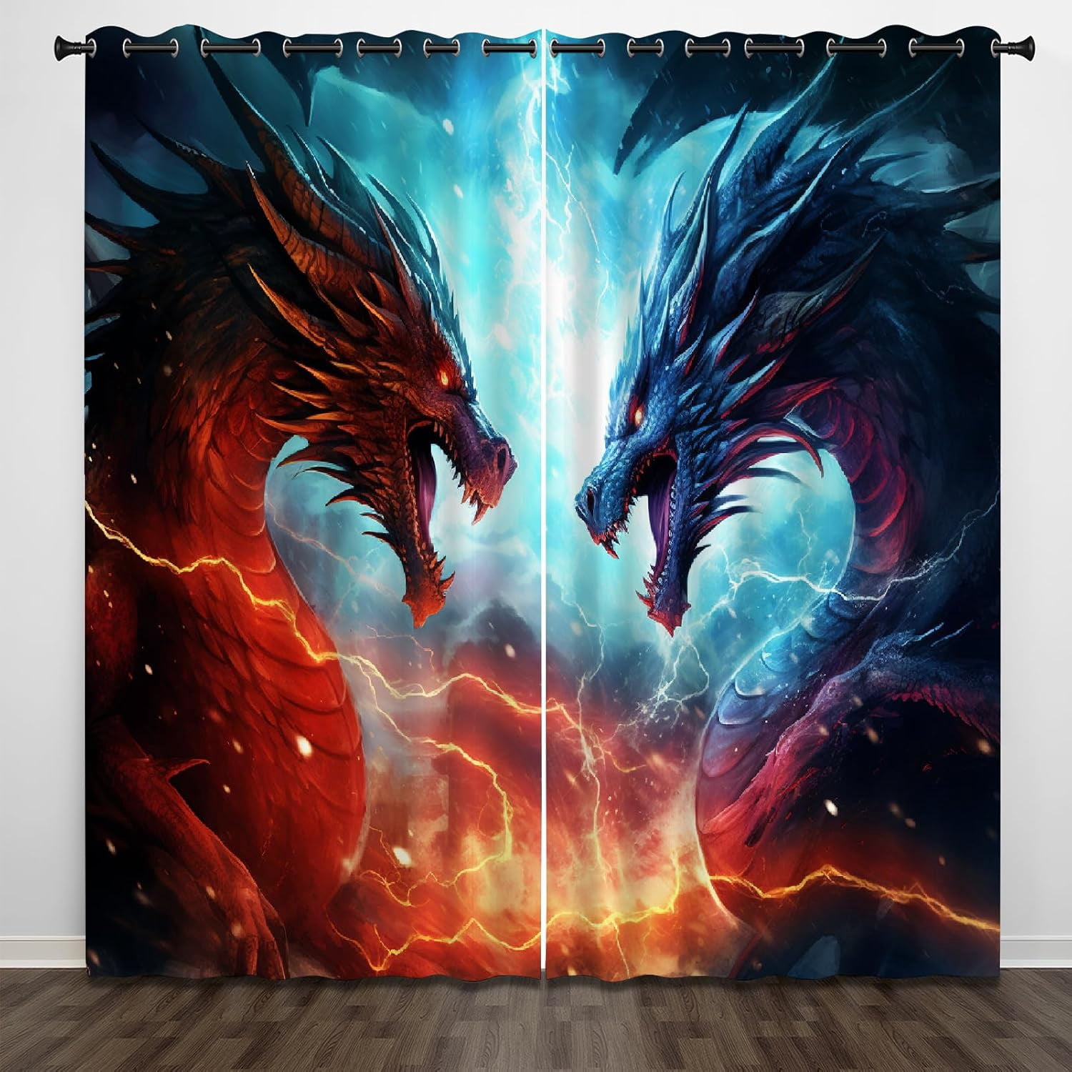 Blackout Curtains Ferocious Dragon Dark Clouds Lightning, 3D Printed ...