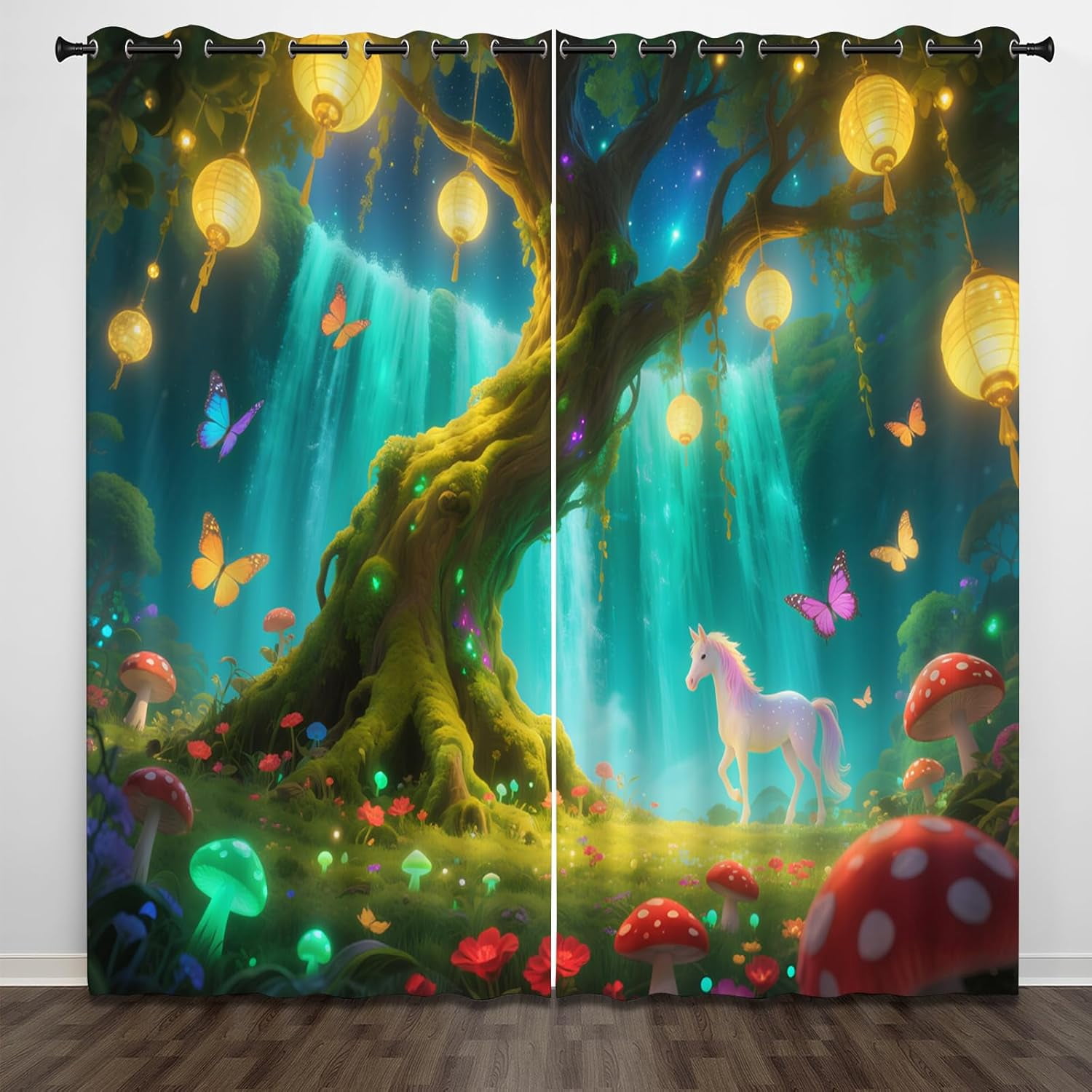 Blackout Curtains Green Meadow Mushrooms Bright Forest Waterfall, 3D ...