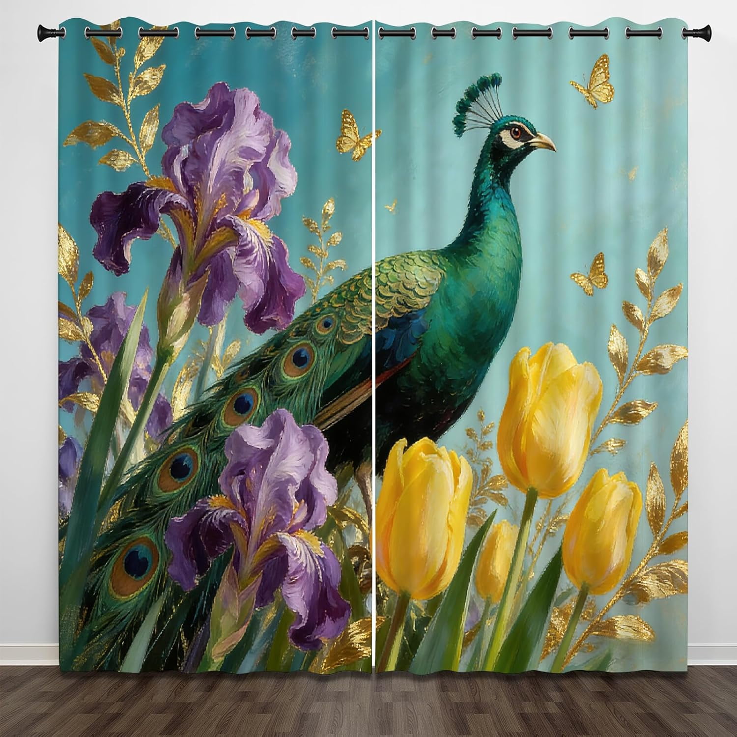 Blackout Curtains Green Peacock Animal Hazy Flowers Leaves, 3D Printed ...