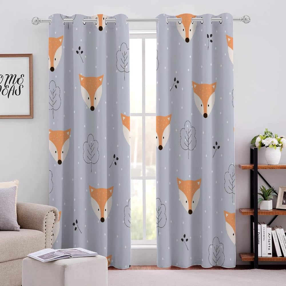Blackout Curtains Orange Fox Head Simple Plant Tree Pattern, 3D Printed ...