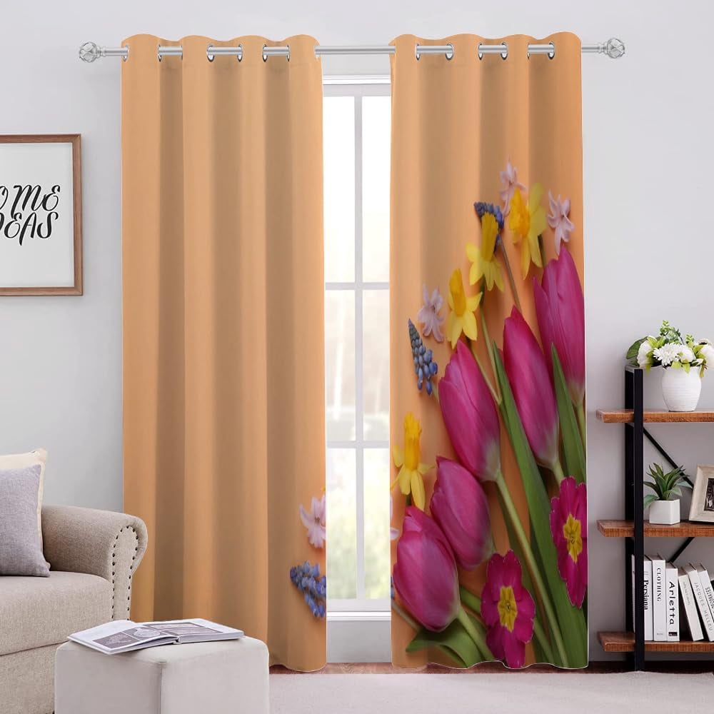 Blackout Curtains Purple Tulip Flowers Green Plant Petals Pattern, 3D ...
