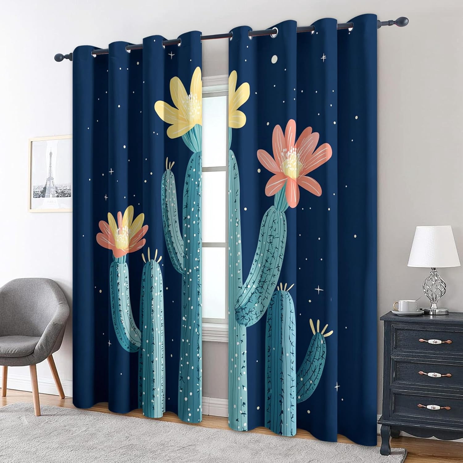 Blackout Curtains Succulent Cactus Floral Pattern, Window Drapes for ...