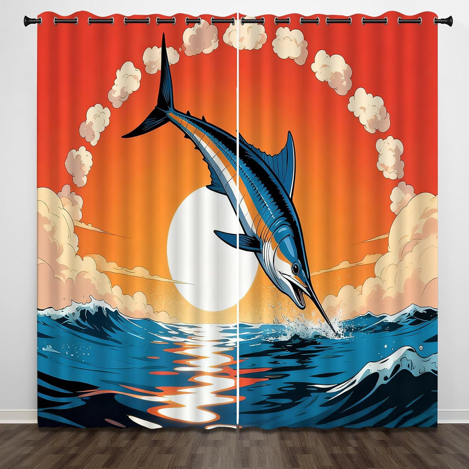Blackout Curtains Sunset Sky Ocean Cute Swimming Fish, 3D Printed ...